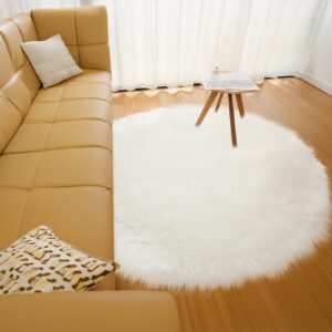 round faux fur sheepskin rugs, soft shaggy area rug home decorative bedroom fluffy carpet rug, diameter 5 feet, white