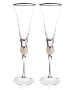 trinkware set of 2 champagne flutes - rhinestone "diamond" studded glasses with silver rim - long stem, 7oz, 11-inches tall - elegant glassware and stemware