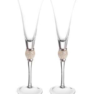 Trinkware Set of 2 Champagne Flutes - Rhinestone "DIAMOND" Studded Glasses With Silver Rim - Long Stem, 7oz, 11-inches Tall - Elegant Glassware And Stemware