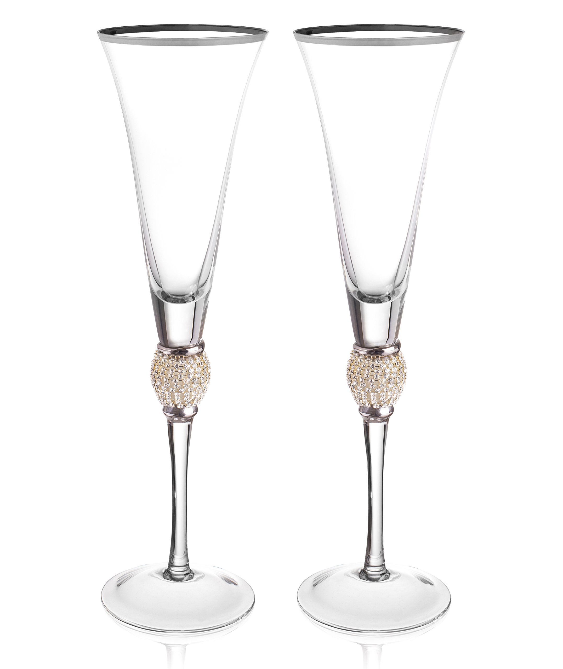 Trinkware Set of 2 Champagne Flutes - Rhinestone "DIAMOND" Studded Glasses With Silver Rim - Long Stem, 7oz, 11-inches Tall - Elegant Glassware And Stemware