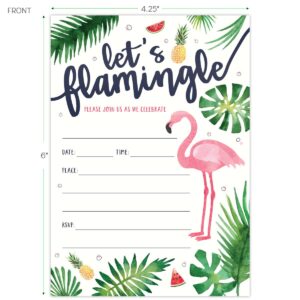 Let’s Flamingle Party Invitations with Pink Flamingo and Palm Leaves. 25 Hot Pink Envelopes and Fill in Invites for Soirees, Bridal Showers, Baby Showers, Birthdays, Graduations, Summer Parties