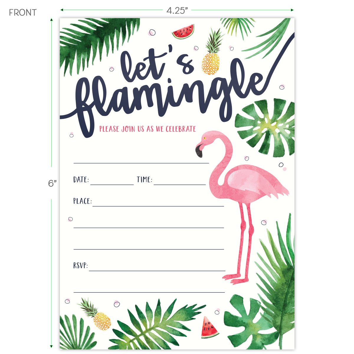 Let’s Flamingle Party Invitations with Pink Flamingo and Palm Leaves. 25 Hot Pink Envelopes and Fill in Invites for Soirees, Bridal Showers, Baby Showers, Birthdays, Graduations, Summer Parties