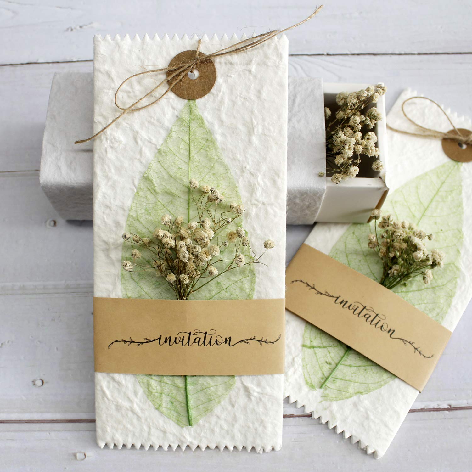 Picky Bride 25Pcs Handmade Real Dry Flower Vintage Wedding Invitations with Real Leaf Vein, Unique Wedding Gifts Rustic Invite Cards for Your Stylish Wedding Theme 10 x 20cm