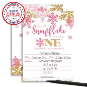 Winter Snowflake First Birthday Party Invitations in Pink & Gold, 20 5x7 Fill In Cards with Twenty White Envelopes by AmandaCreation