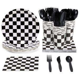 juvale 144 piece race car birthday party supplies with checkered flag plates, napkins, cups, and cutlery (serves 24)