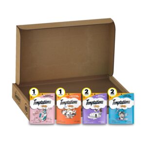 temptations classic crunchy and soft cat treats variety pack with creamy dairy, tempting tuna, shrimpy shrimp, and tantalizing turkey flavors, (6) 6.3 oz. pouches