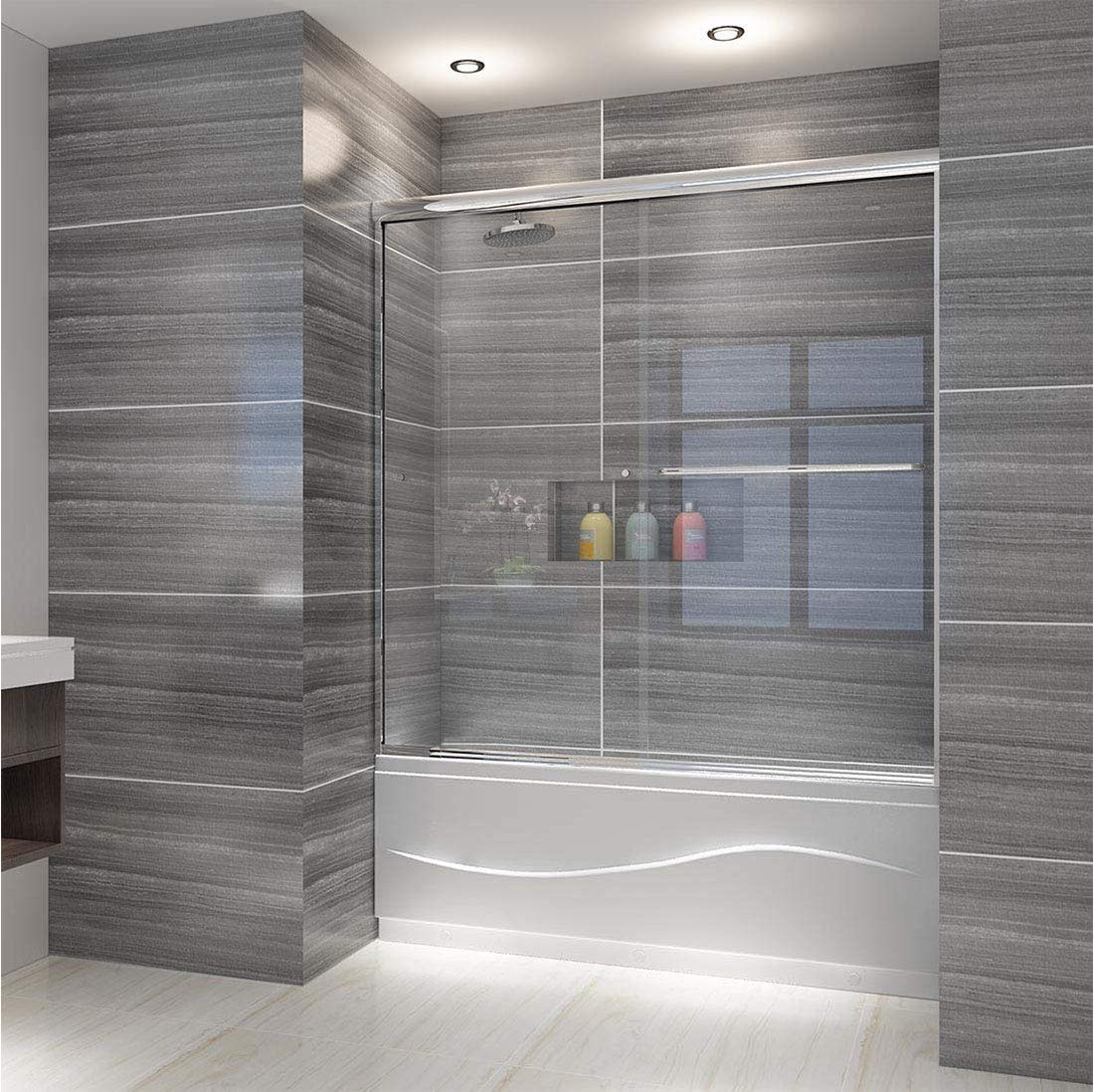 ELEGANT 58 1/2 in.- 60 in.W x 62 in. H Bypass Sliding Tub Shower Doors with 1/4 in. Clear Glass, Tub Glass Shower Door, Brushed Nickel Finish