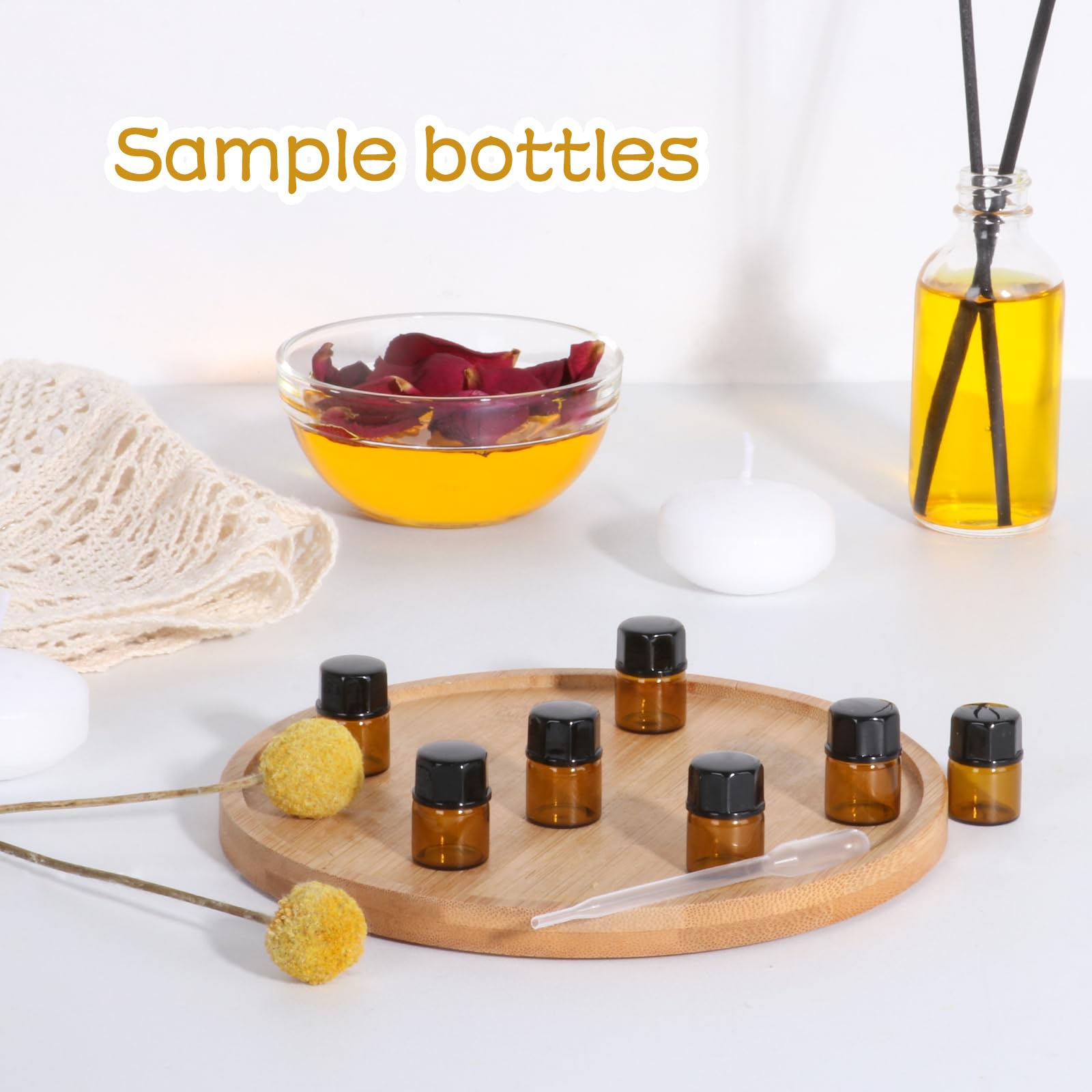 STARSIDE 50 pack 1 ml 1/4 Dram Mini Amber Glass Essential Oils Sample Bottles with Black Caps for Essential Oils,Chemistry Lab Chemicals,Colognes & Perfumes.3 plastic droppers as gift.