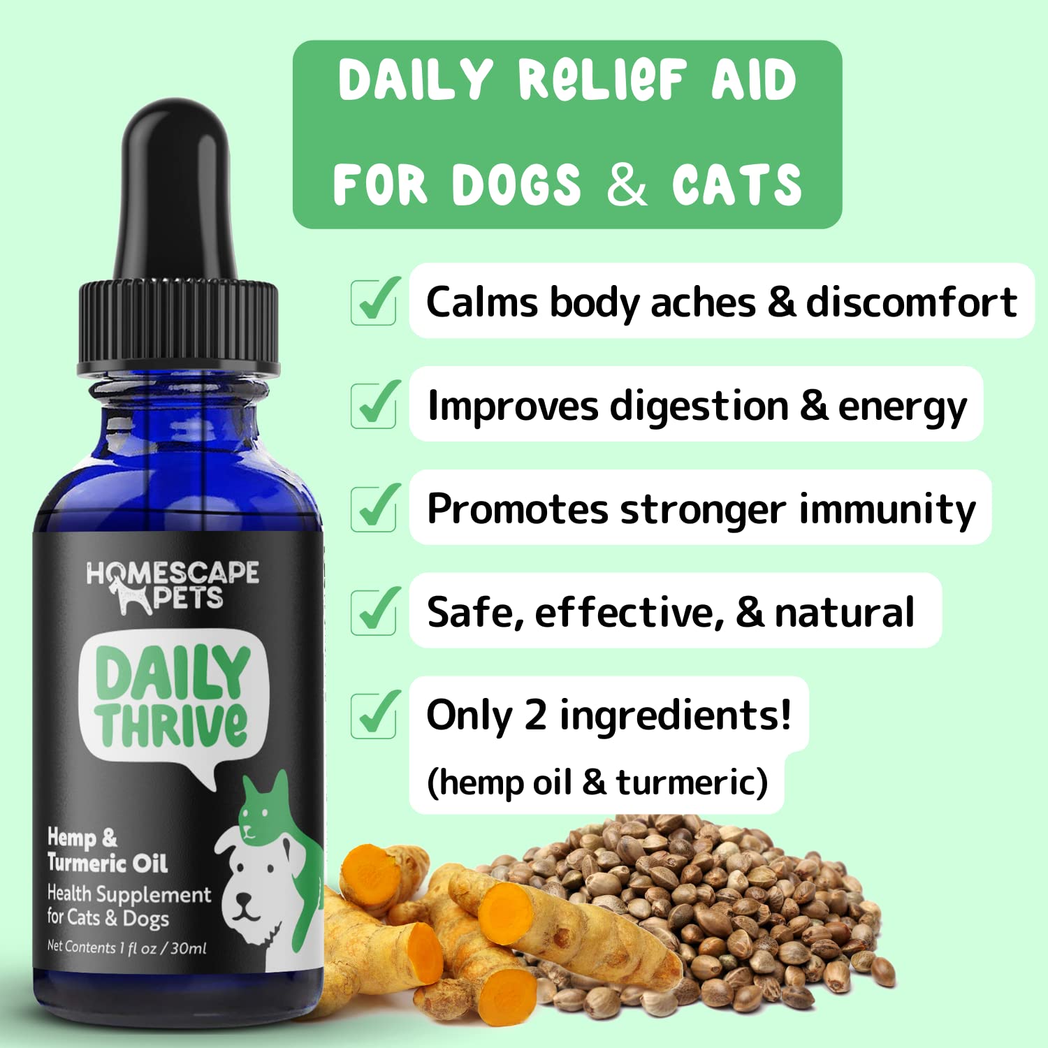 Homescape Pets Daily Thrive - Hemp Oil & Turmeric for Cats & Dogs - Anti-Inflammatory Pain Reliever - Boosts Energy & Allergy Immune System - Vet Recommended