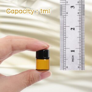 STARSIDE 50 pack 1 ml 1/4 Dram Mini Amber Glass Essential Oils Sample Bottles with Black Caps for Essential Oils,Chemistry Lab Chemicals,Colognes & Perfumes.3 plastic droppers as gift.