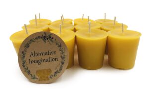 12 pack of beeswax votive candles - 100% pure, natural beeswax with natural light honey scent - 15 hour burn - alternative imagination