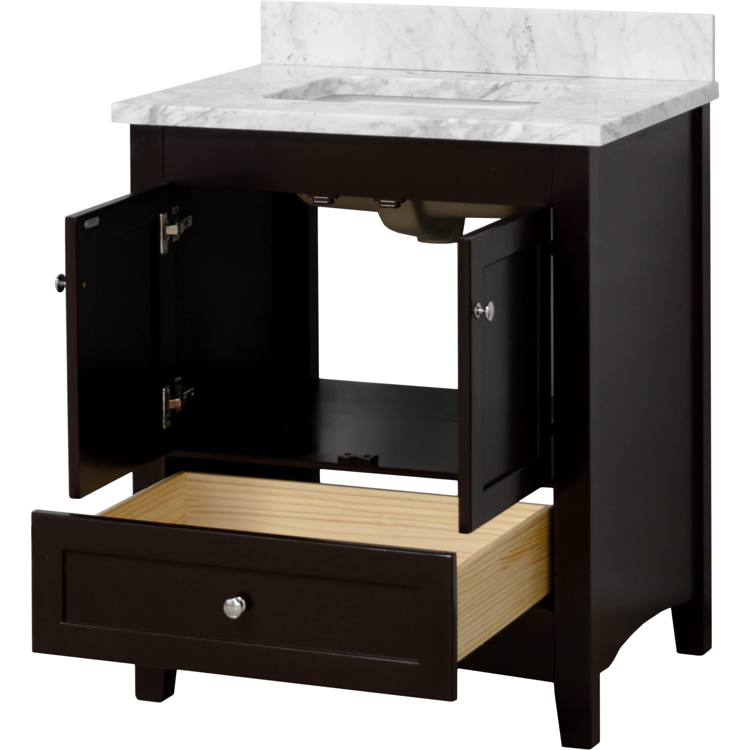 Abbey 30-inch Bathroom Vanity (Carrara/Chocolate): Includes Chocolate Cabinet with Authentic Italian Carrara Marble Countertop and White Ceramic Sink