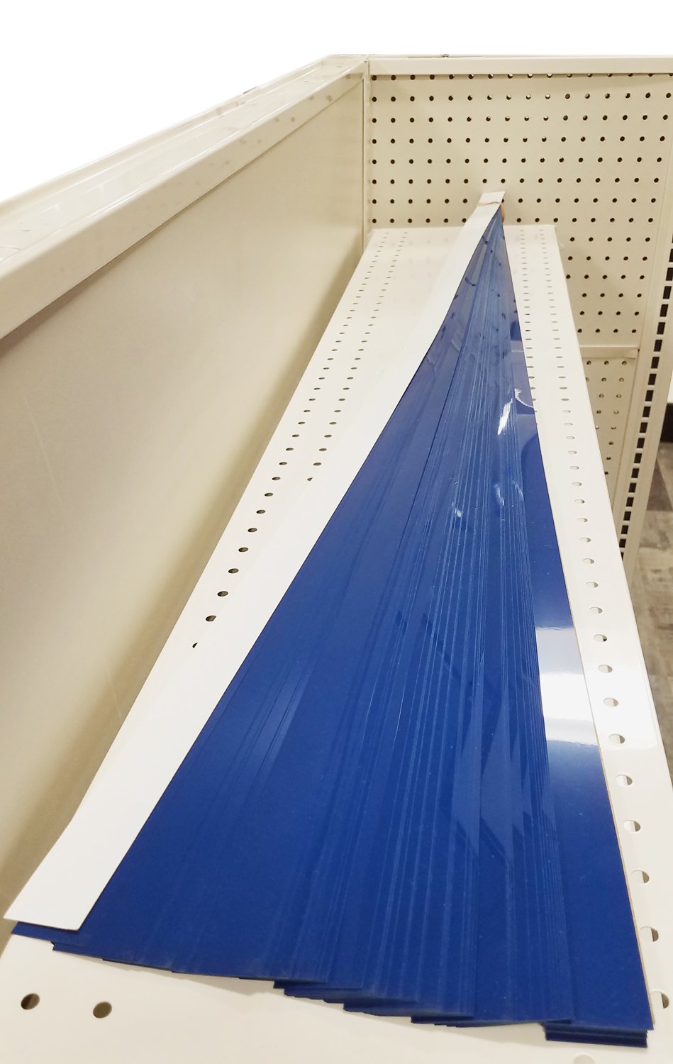 Decorative Gondola Shelving Pre Cut Vinyl Insert Strips 48" x 1.25" Shelf C-Channel, Blue, 100 Pack