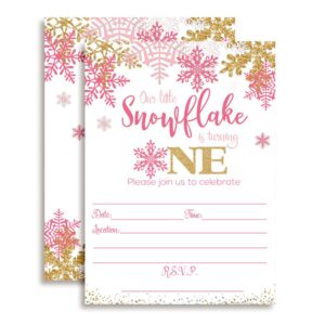 winter snowflake first birthday party invitations in pink & gold, 20 5x7 fill in cards with twenty white envelopes by amandacreation