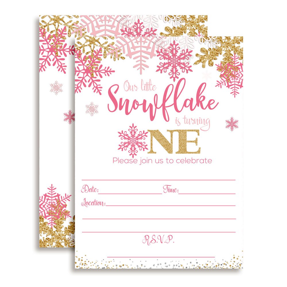 Winter Snowflake First Birthday Party Invitations in Pink & Gold, 20 5x7 Fill In Cards with Twenty White Envelopes by AmandaCreation