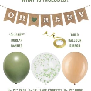 Gender Neutral Baby Shower Decorations & Decor Set: Oh Baby Burlap Banner, Sage Green, Nude & Confetti Balloons - Ideal for Boy, Girl Reveal Party & Welcome Baby Sign Garland Backdrop Decoration