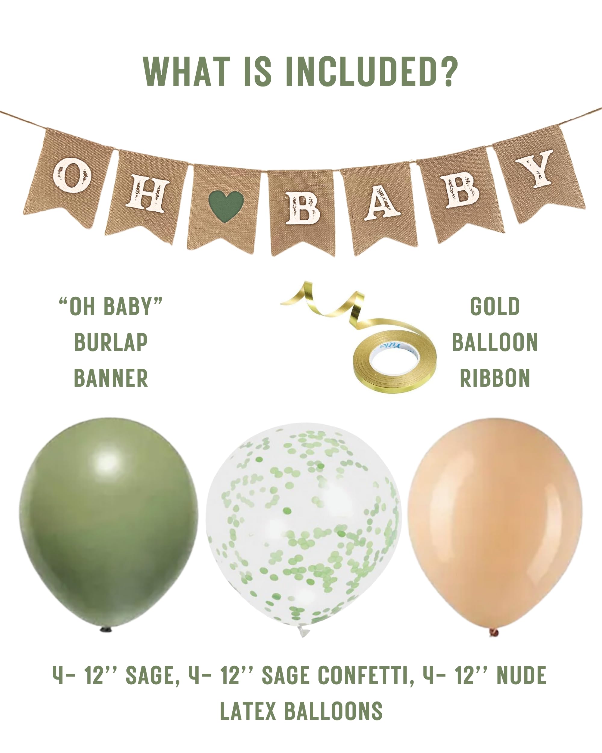 Gender Neutral Baby Shower Decorations & Decor Set: Oh Baby Burlap Banner, Sage Green, Nude & Confetti Balloons - Ideal for Boy, Girl Reveal Party & Welcome Baby Sign Garland Backdrop Decoration