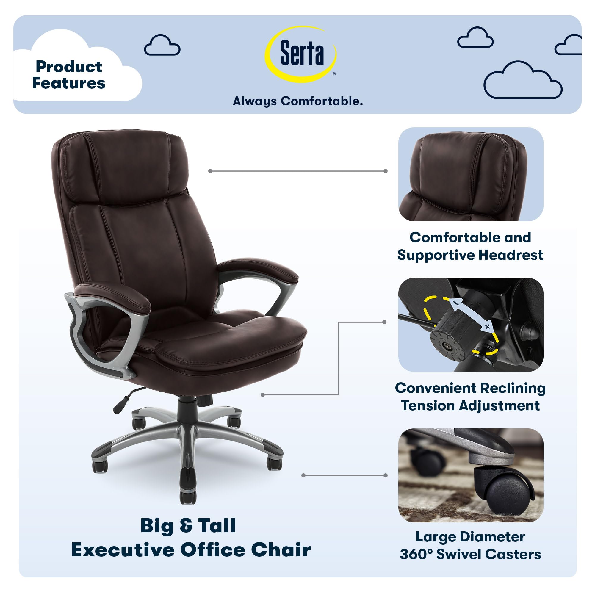 Serta Big and Tall High Back Executive Office Chair, Ergonomic Gaming Computer Chair with Layered Body Pillows, Contoured Lumbar Zone, Brown