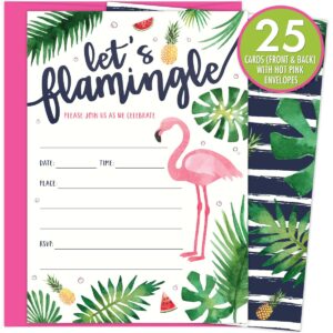 Let’s Flamingle Party Invitations with Pink Flamingo and Palm Leaves. 25 Hot Pink Envelopes and Fill in Invites for Soirees, Bridal Showers, Baby Showers, Birthdays, Graduations, Summer Parties