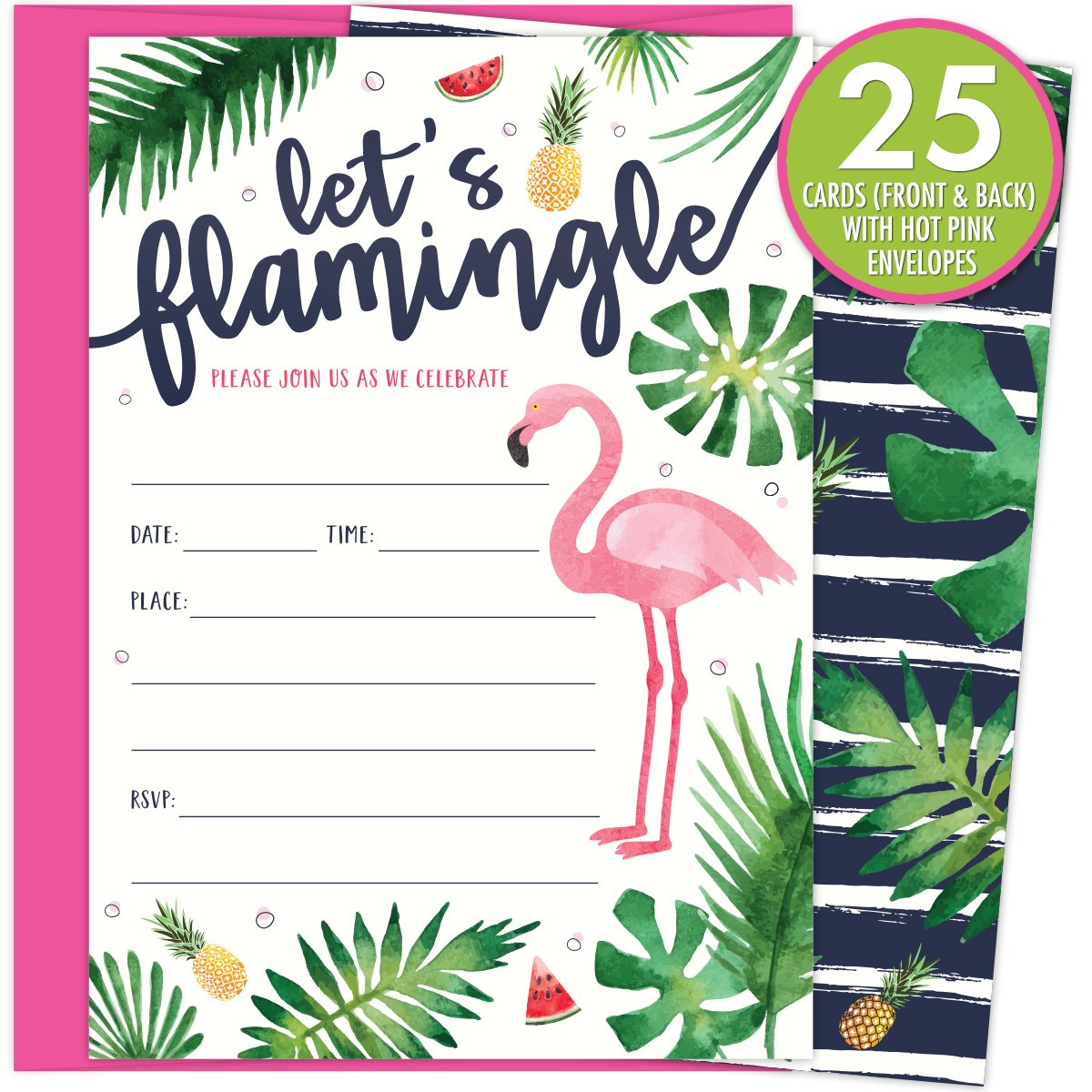 Let’s Flamingle Party Invitations with Pink Flamingo and Palm Leaves. 25 Hot Pink Envelopes and Fill in Invites for Soirees, Bridal Showers, Baby Showers, Birthdays, Graduations, Summer Parties