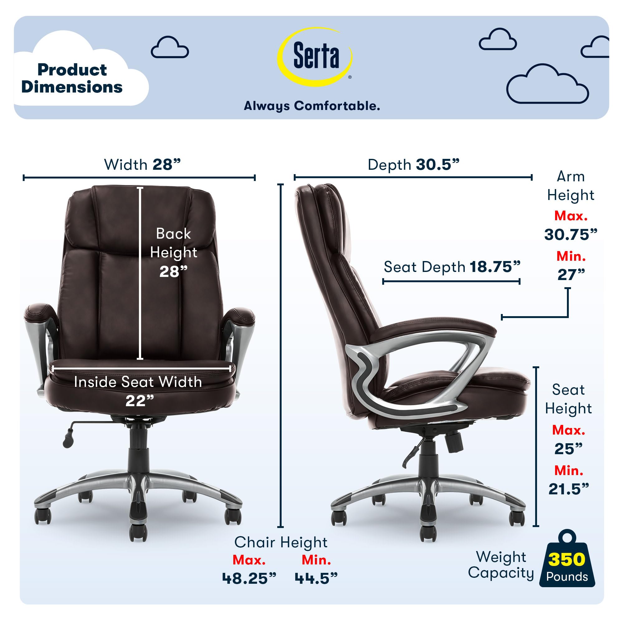 Serta Big and Tall High Back Executive Office Chair, Ergonomic Gaming Computer Chair with Layered Body Pillows, Contoured Lumbar Zone, Brown