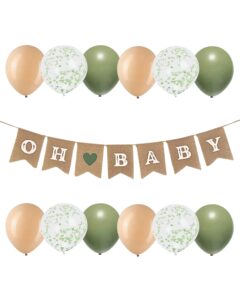 gender neutral baby shower decorations & decor set: oh baby burlap banner, sage green, nude & confetti balloons - ideal for boy, girl reveal party & welcome baby sign garland backdrop decoration