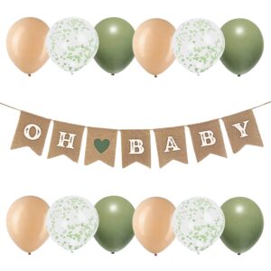 Gender Neutral Baby Shower Decorations & Decor Set: Oh Baby Burlap Banner, Sage Green, Nude & Confetti Balloons - Ideal for Boy, Girl Reveal Party & Welcome Baby Sign Garland Backdrop Decoration