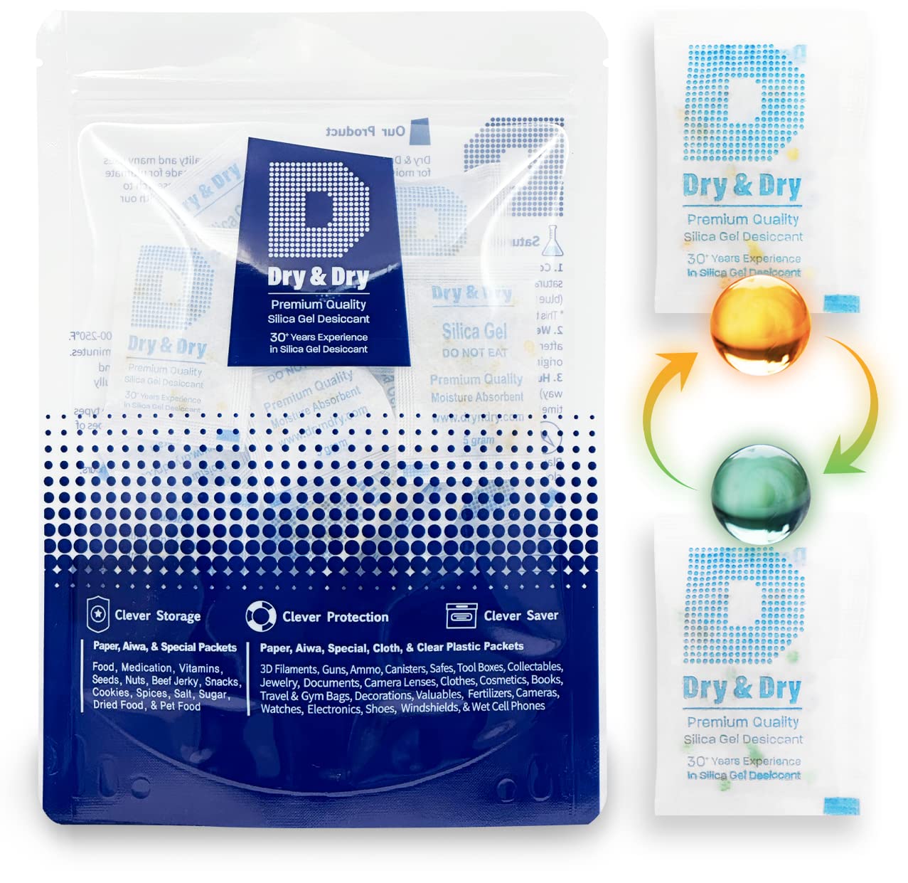 Dry & Dry 5 Gram [60 Packets] Premium Orange Indicating Silica Gel Packets Desiccants - Food Safe Silica Packets Silica Gel Silica Gel Packets