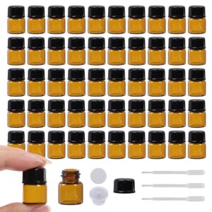 starside 50 pack 1 ml 1/4 dram mini amber glass essential oils sample bottles with black caps for essential oils,chemistry lab chemicals,colognes & perfumes.3 plastic droppers as gift.