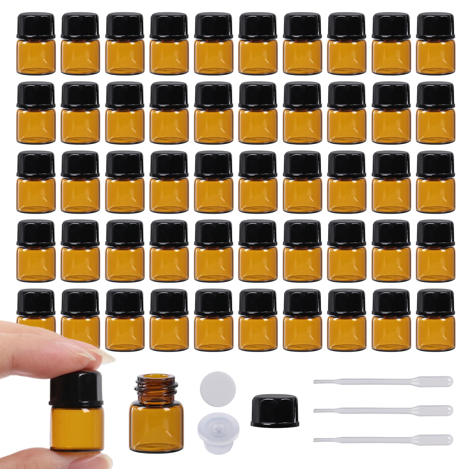 STARSIDE 50 pack 1 ml 1/4 Dram Mini Amber Glass Essential Oils Sample Bottles with Black Caps for Essential Oils,Chemistry Lab Chemicals,Colognes & Perfumes.3 plastic droppers as gift.