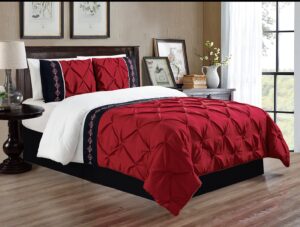 grand linen 3 piece queen size burgundy red/black/white double-needle stitch puckered pinch pleat-embroidered duvet cover set