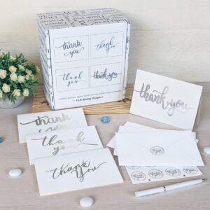 100 Thank You Cards in White with Envelopes & Stickers - Elegant 4 Designs Bulk Notes Embossed with Silver Foil Letters for Wedding, Formal, Business, Graduation, 4x6 Inch Thick Card Stock