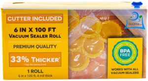 6" x 100' mega roll & cutter box vacuum sealer bags roll (no more scissors) 4 mil 100 foot outofair, 33% thicker, bpa free, sous vide, commercial grade, works with foodsaver sealers