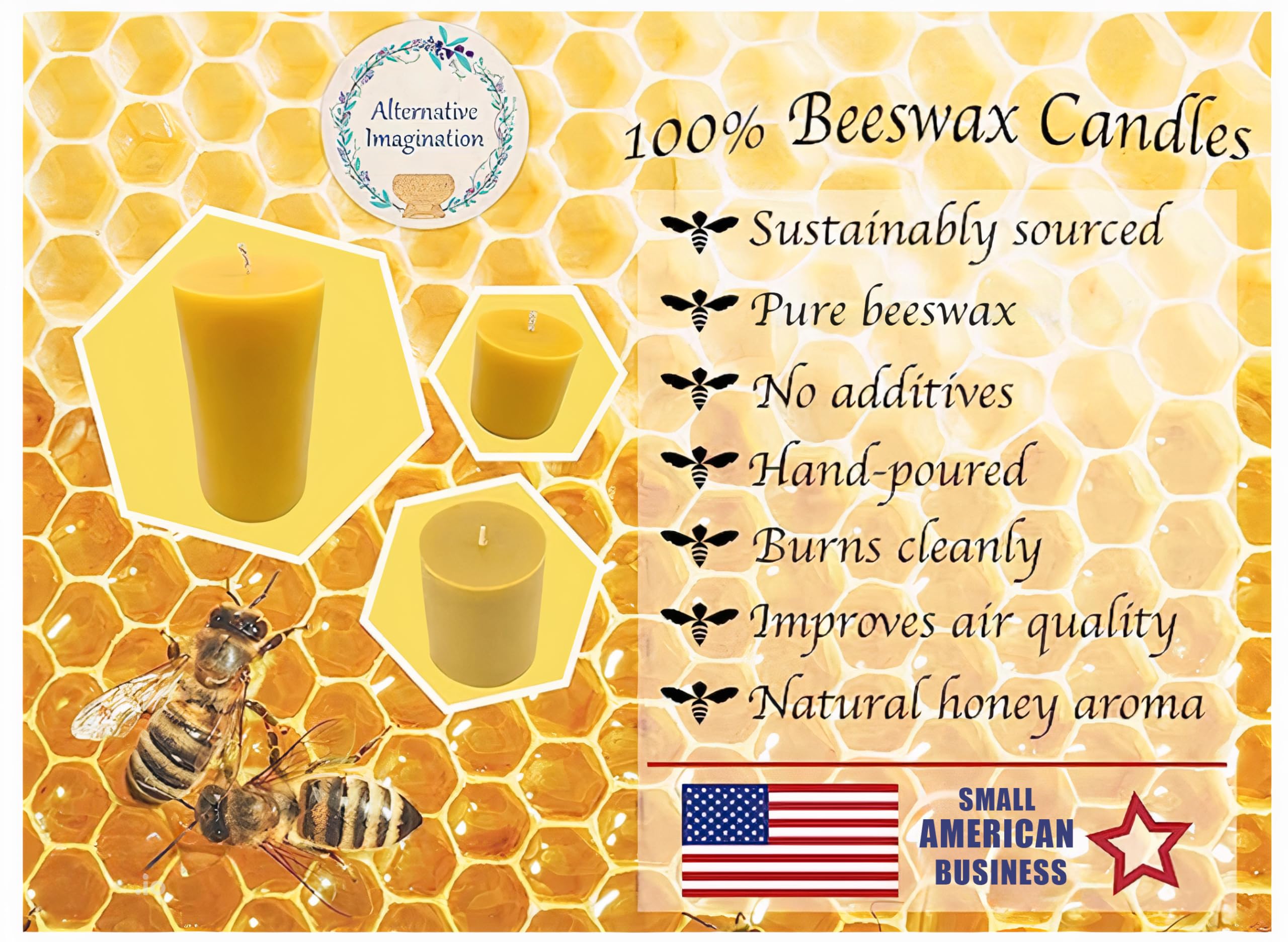 12 Pack of Beeswax Votive Candles - 100% Pure, Natural Beeswax with Natural Light Honey Scent - 15 Hour Burn - Alternative Imagination