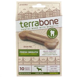 presidio terrabone dental chews, dog teeth cleaning treat, usa made, medium, 10 treats