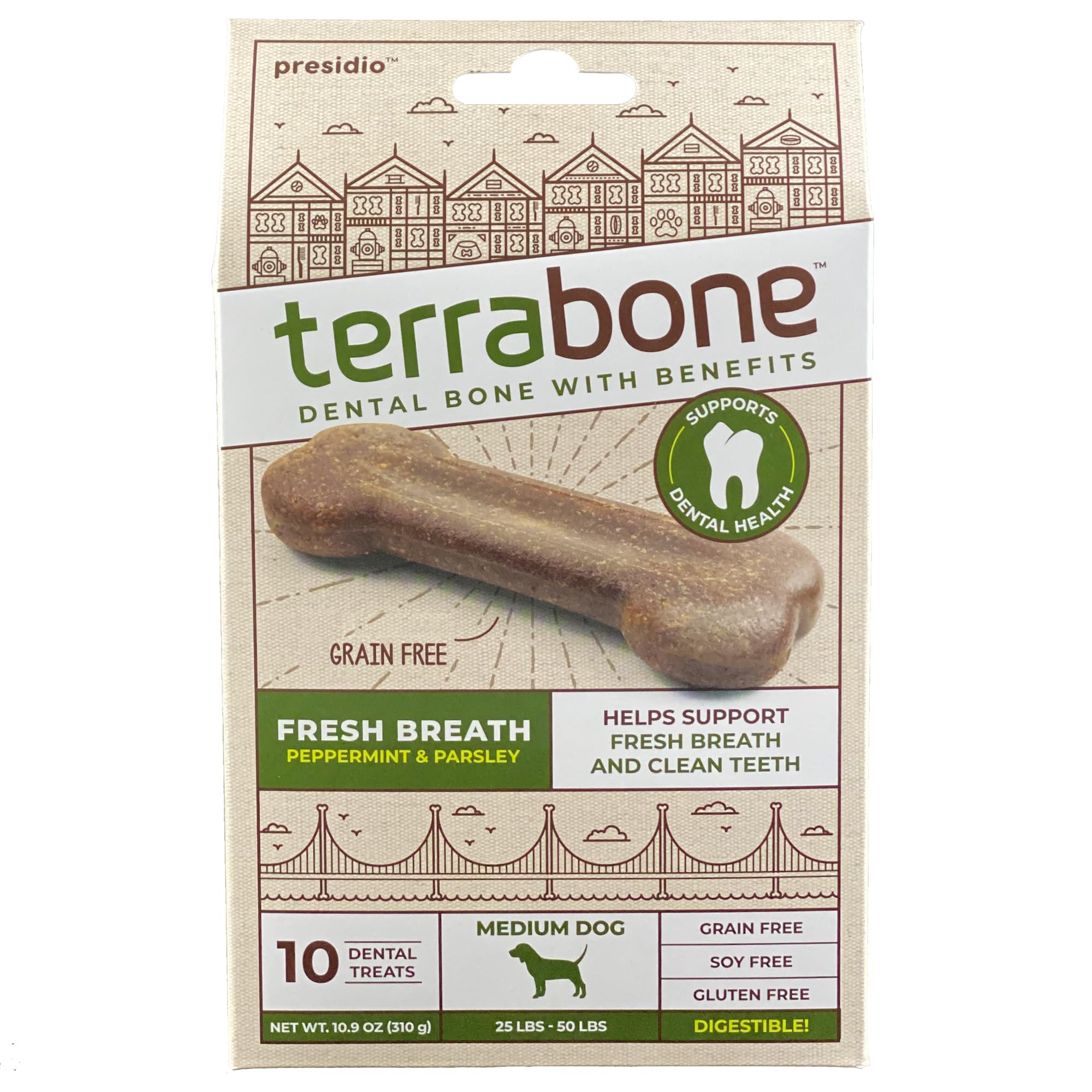 Presidio Terrabone Dental Chews, Dog Teeth Cleaning Treat, USA Made, Medium, 10 Treats