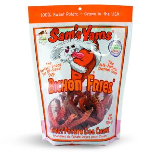 sams yams sweet potato dog treats, healthy dog treats for small & medium dogs, sweet potato dog treats made in usa, high fiber, vegan dental chews - bichon fries, sweet potato dog chewz, 9oz (1 pack)