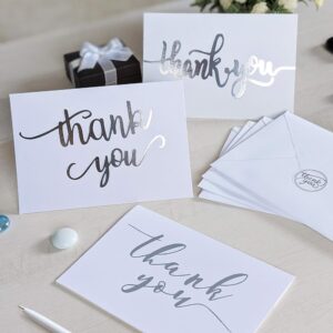 100 Thank You Cards in White with Envelopes & Stickers - Elegant 4 Designs Bulk Notes Embossed with Silver Foil Letters for Wedding, Formal, Business, Graduation, 4x6 Inch Thick Card Stock