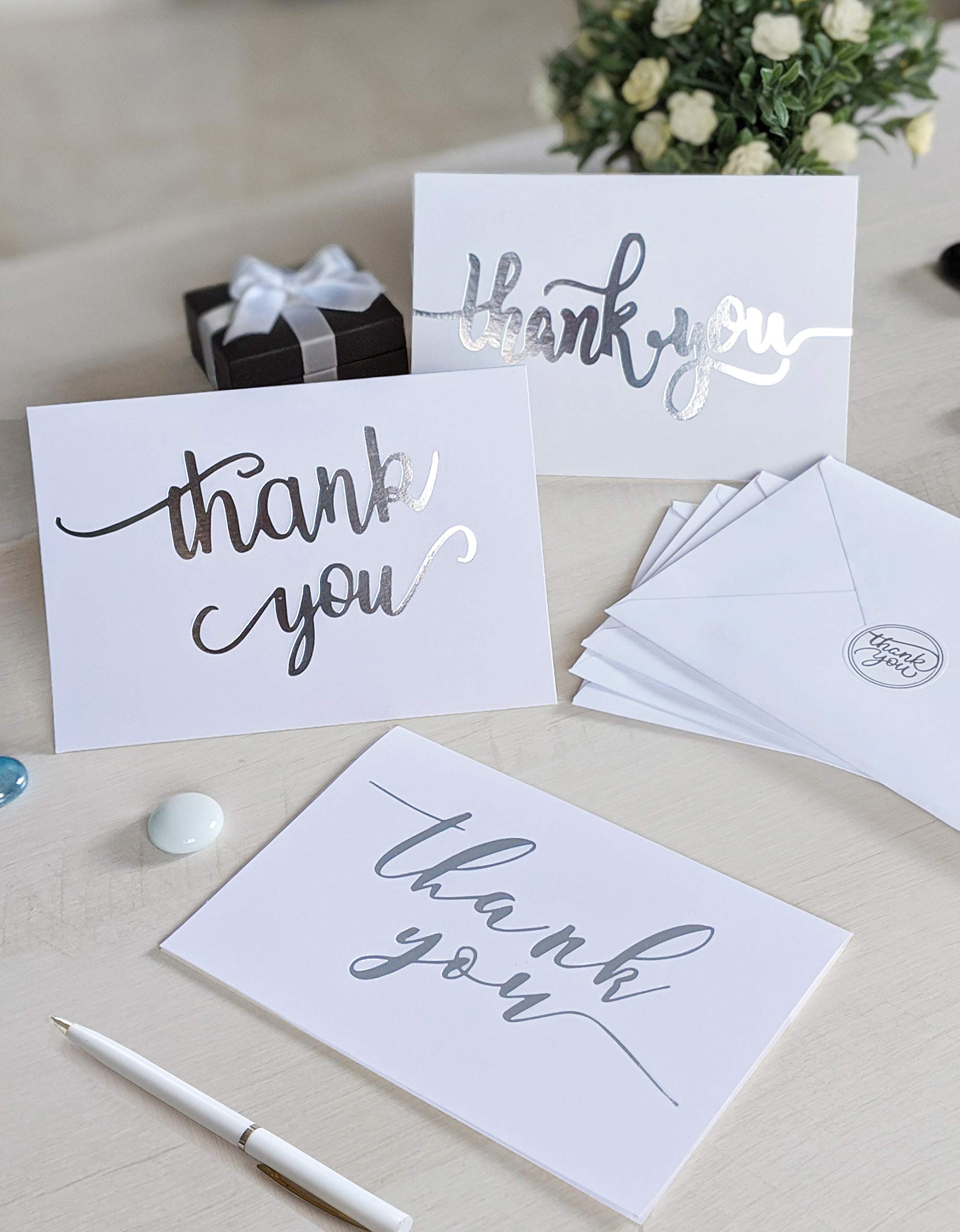 100 Thank You Cards in White with Envelopes & Stickers - Elegant 4 Designs Bulk Notes Embossed with Silver Foil Letters for Wedding, Formal, Business, Graduation, 4x6 Inch Thick Card Stock