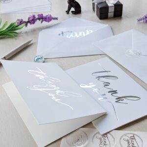 100 Thank You Cards in White with Envelopes & Stickers - Elegant 4 Designs Bulk Notes Embossed with Silver Foil Letters for Wedding, Formal, Business, Graduation, 4x6 Inch Thick Card Stock