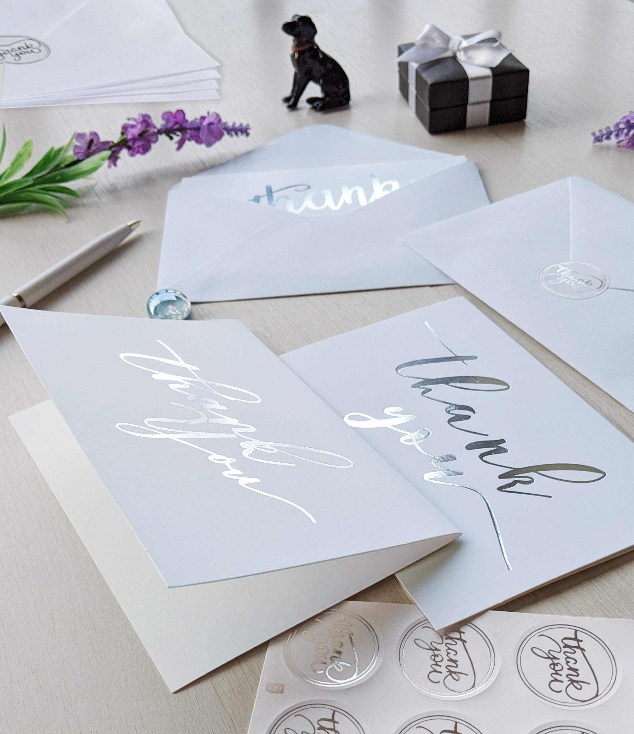 100 Thank You Cards in White with Envelopes & Stickers - Elegant 4 Designs Bulk Notes Embossed with Silver Foil Letters for Wedding, Formal, Business, Graduation, 4x6 Inch Thick Card Stock