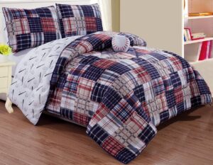 grand linen - 4 - piece kids (double) full size baseball sports theme comforter set with plush baseball pillow included - navy blue, red, white and beige plaid. boys, girls, guest room