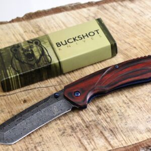 Buckshot Knives PBK220 Thumb Open Spring Assisted Tanto Cleaver Classic Wood Handle Pocket Knives (PBK220DS)