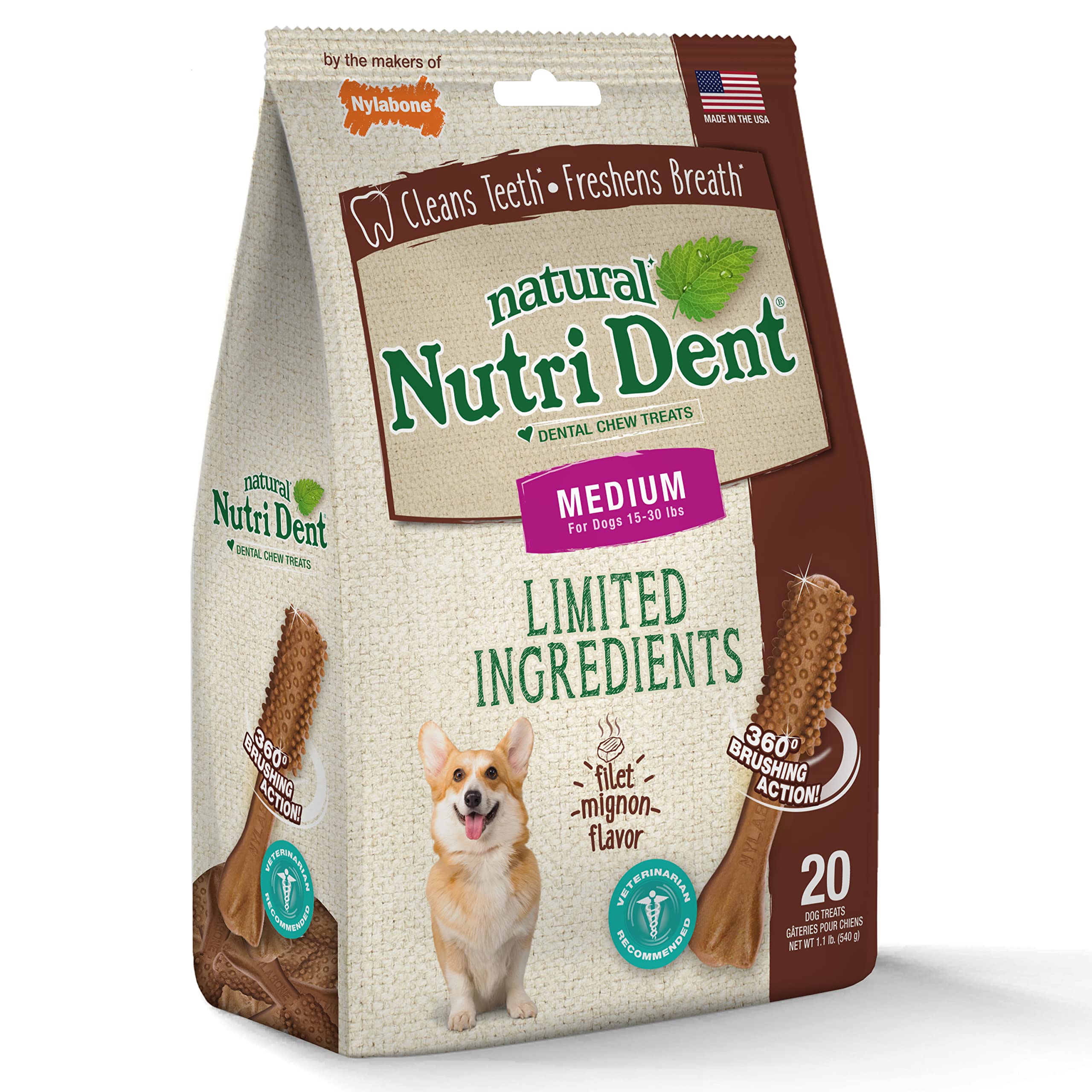 Nylabone Nutri Dent Dog Dental Chews - Natural Dog Teeth Cleaning & Breath Freshener - Dental Treats for Dogs - Filet Mignon Flavor, Medium (20 Count)