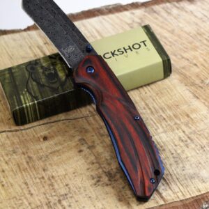 Buckshot Knives PBK220 Thumb Open Spring Assisted Tanto Cleaver Classic Wood Handle Pocket Knives (PBK220DS)