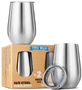 outdoor vacuum insulated wine tumblers with lids (set of 2), stainless steel glasses 12oz - double wall stemless metal cup - travel, camping, lightweight, unbreakable, portable, bpa free