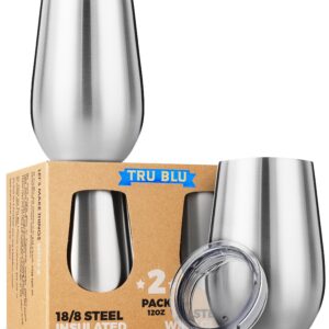 Outdoor Vacuum Insulated Wine Tumblers with Lids (Set of 2), Stainless Steel Glasses 12oz - Double Wall Stemless Metal Cup - Travel, Camping, Lightweight, Unbreakable, Portable, BPA Free