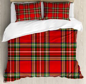 ambesonne plaid duvet cover set, european western culture inspired abstract irish pattern vintage classical design, decorative 3 piece bedding set with 2 pillow shams, queen size, scarlet grey