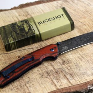 Buckshot Knives PBK220 Thumb Open Spring Assisted Tanto Cleaver Classic Wood Handle Pocket Knives (PBK220DS)