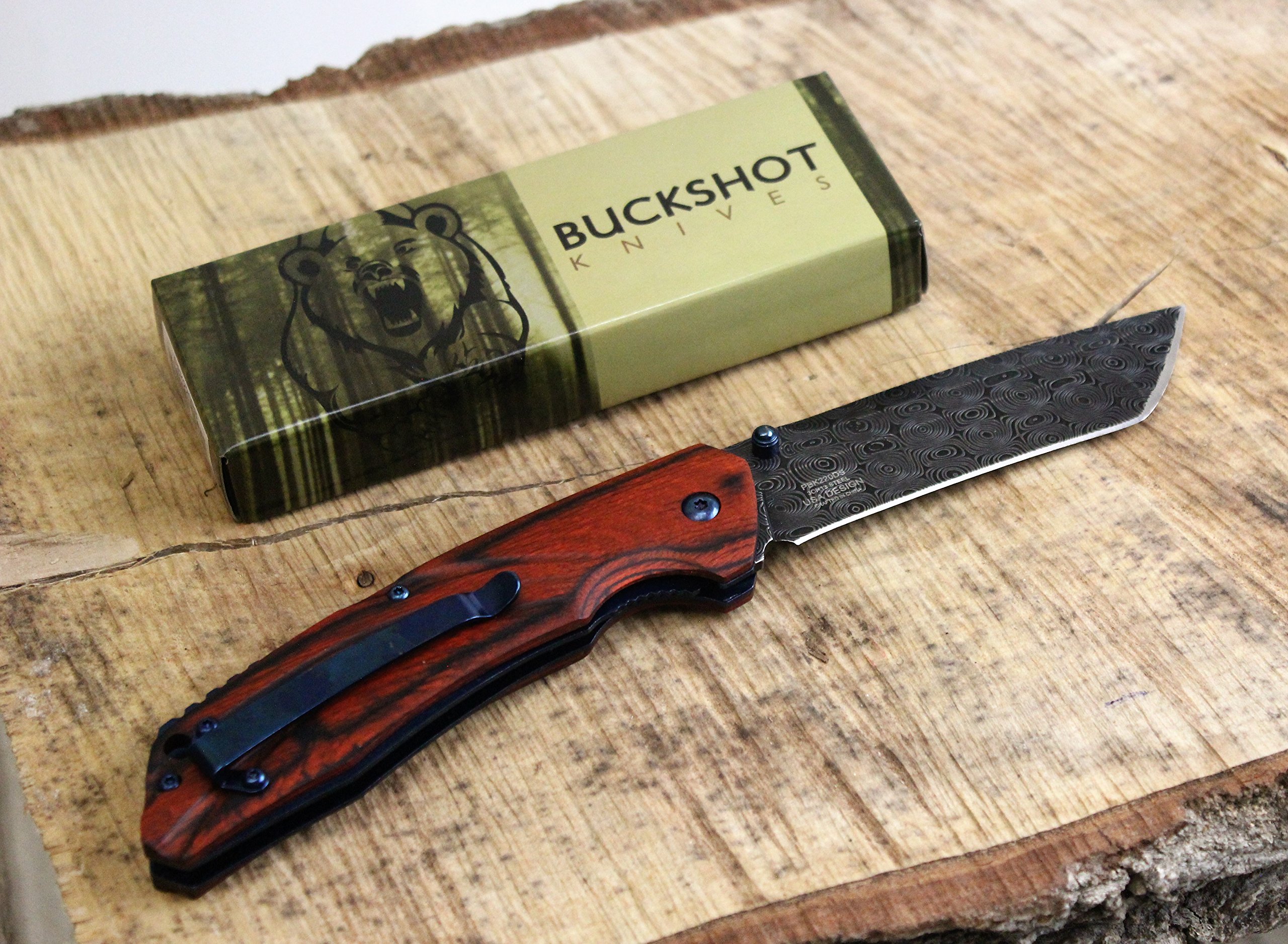 Buckshot Knives PBK220 Thumb Open Spring Assisted Tanto Cleaver Classic Wood Handle Pocket Knives (PBK220DS)